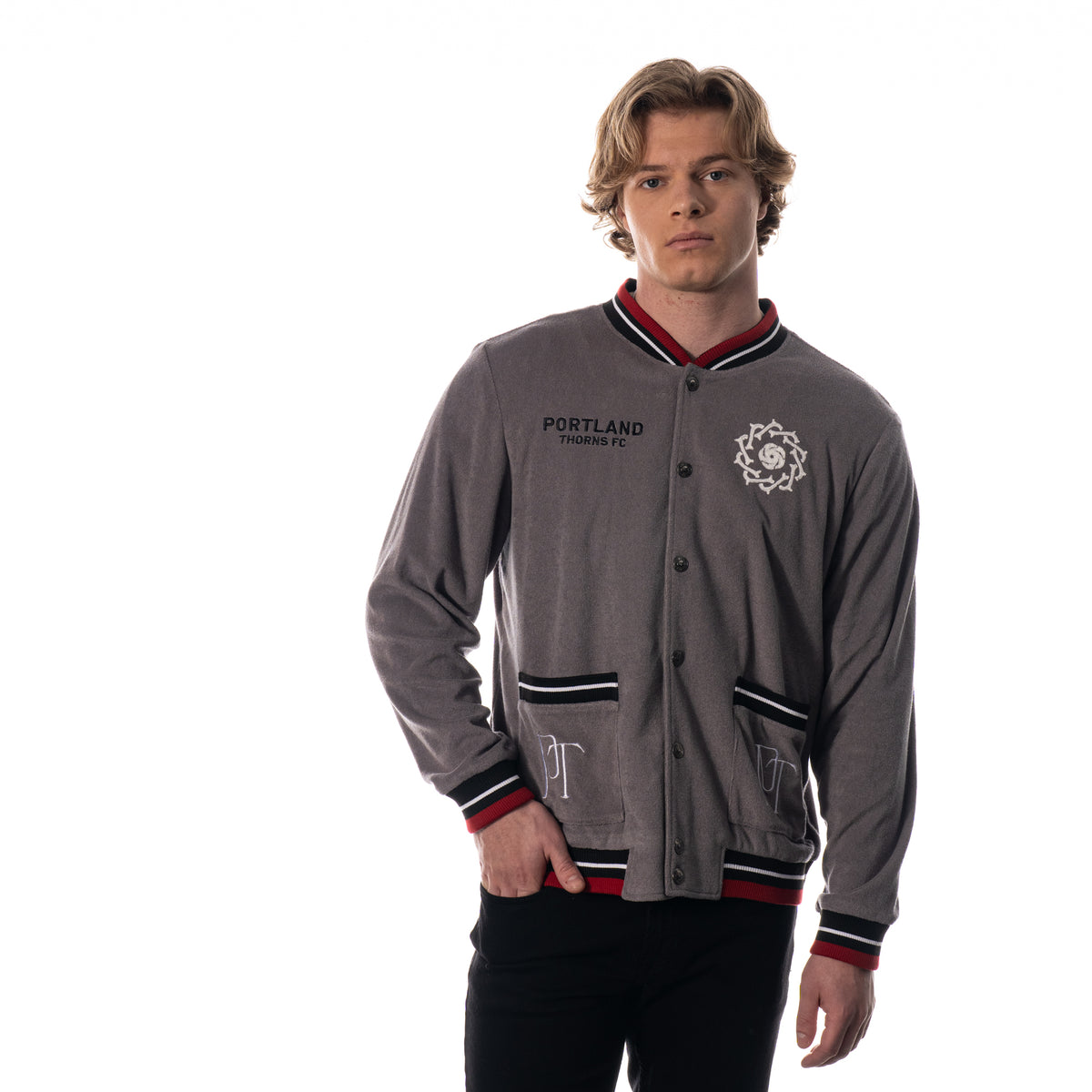 PORTLAND THORNS MEN'S TERRY BUTTON BOMBER – PTFC Authentics